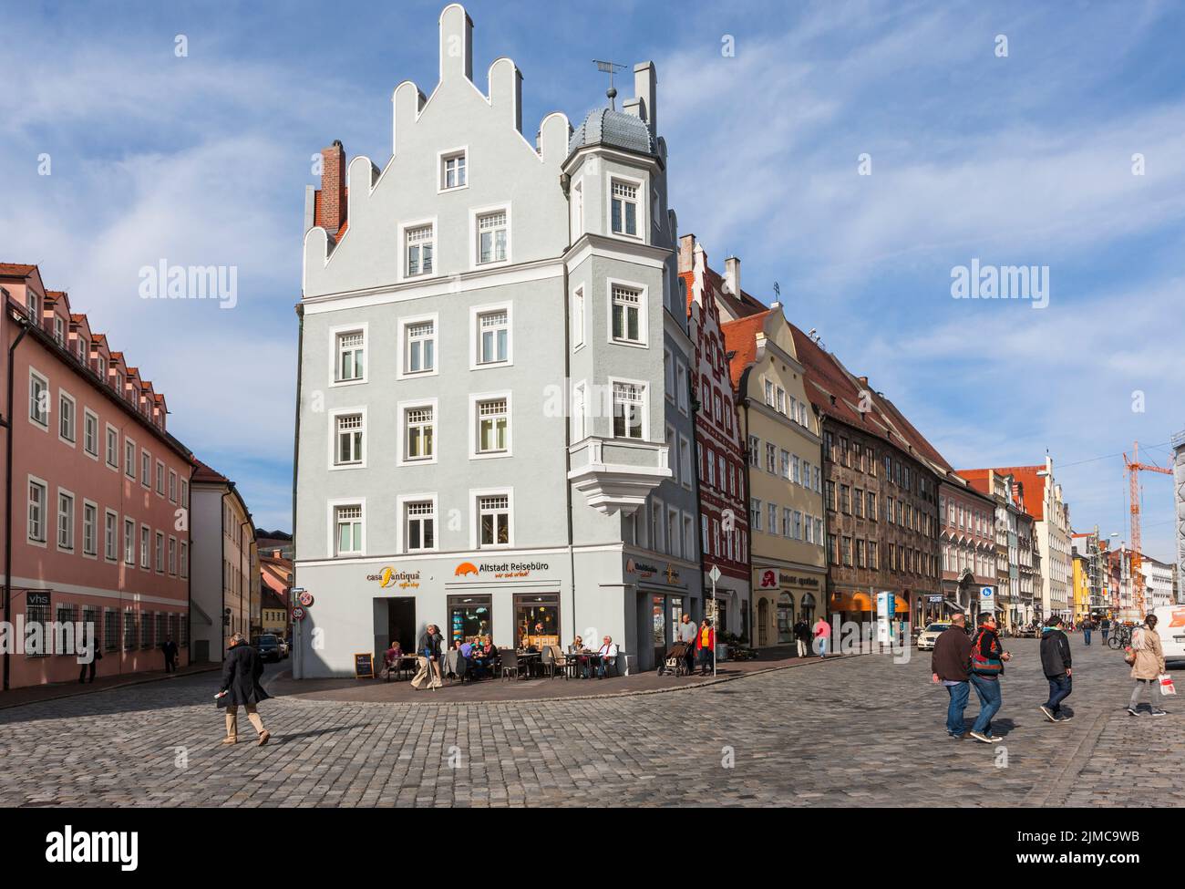 Old town with historic buildings and pedestrian area of Landshut ...