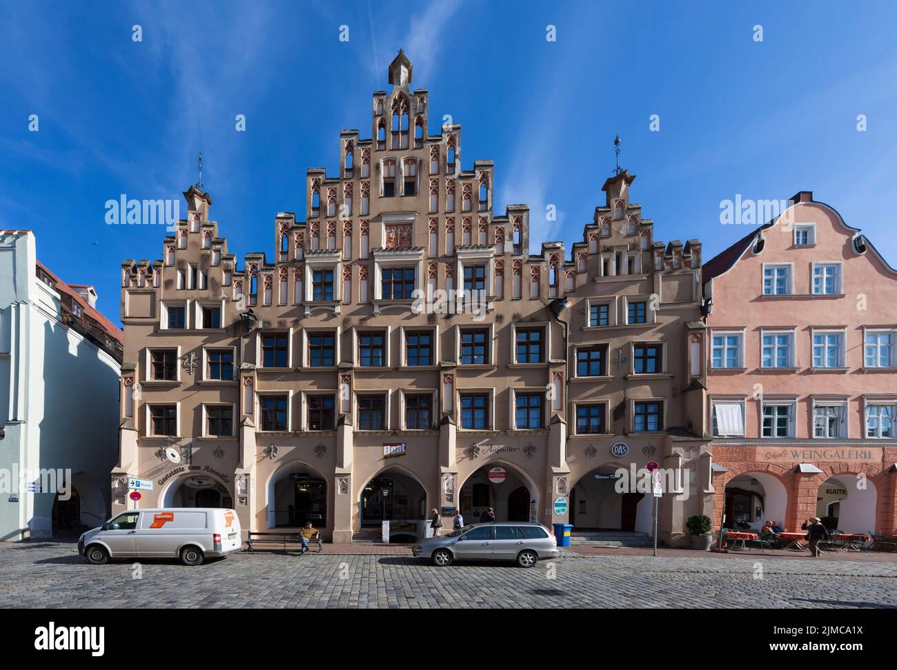 Old town with historic buildings and pedestrian area of Landshut ...