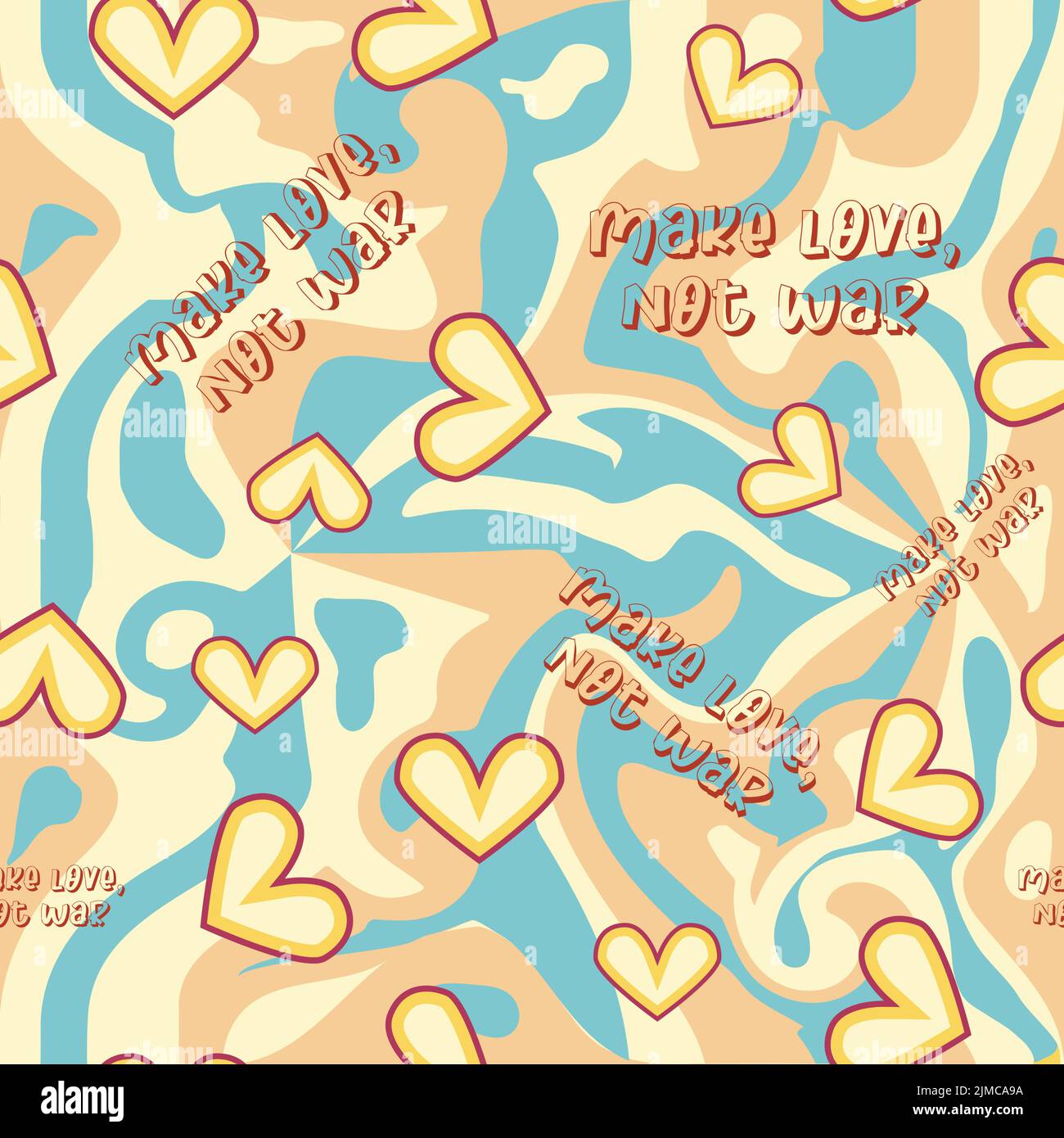 Love heart, daisies, waves of positivity retro 70s seamless pattern ...