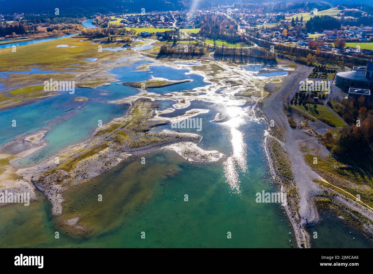Reservoir Forggensee with little water and sandbanks, Schwangau ...