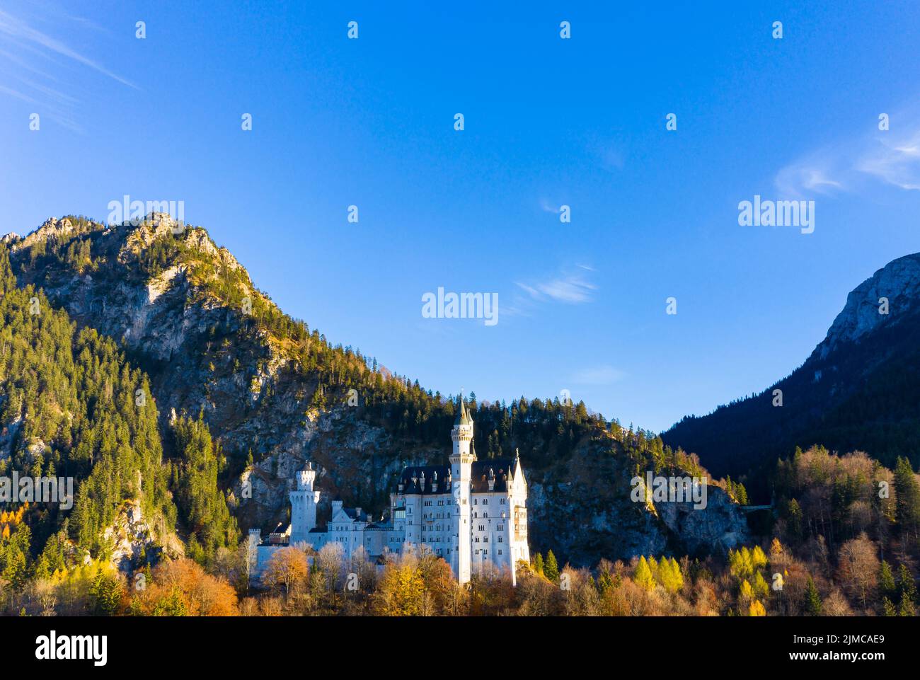 Aerial view, Neuschwanstein Castle, Forggensee, Schwangau, Bavaria ...