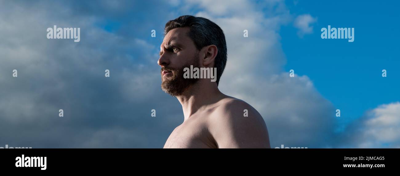 bearded man look far. caucasian man outdoor. man on sky background ...
