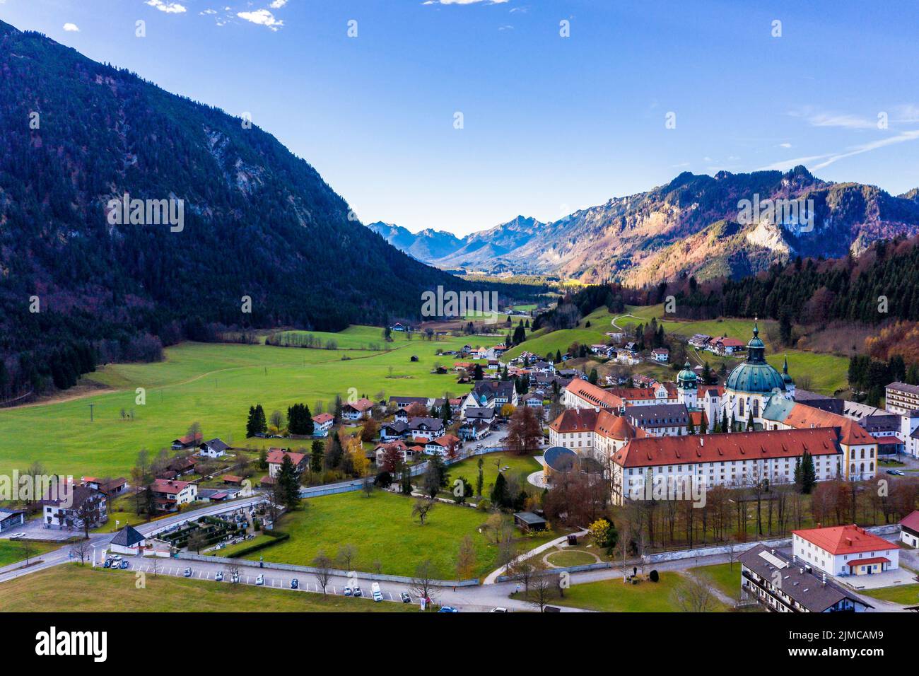 Aerial view, Benedictine abbey Ettal monastery, Ettal, Oberammergau ...