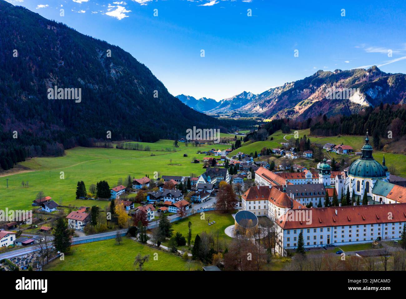 Aerial view, Benedictine abbey Ettal monastery, Ettal, Oberammergau ...
