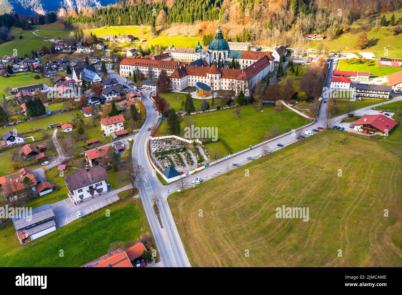 Aerial view, Benedictine abbey Ettal monastery, Ettal, Oberammergau ...