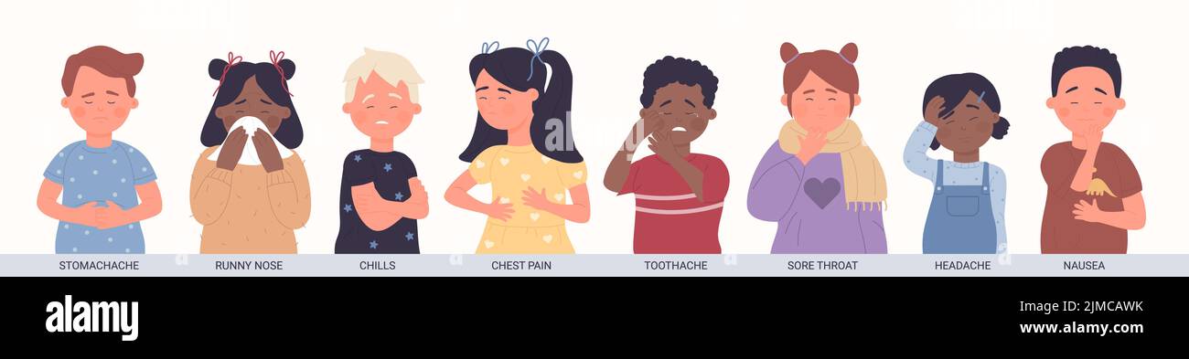 Sick kids set with name of medical symptom infographic vector ...