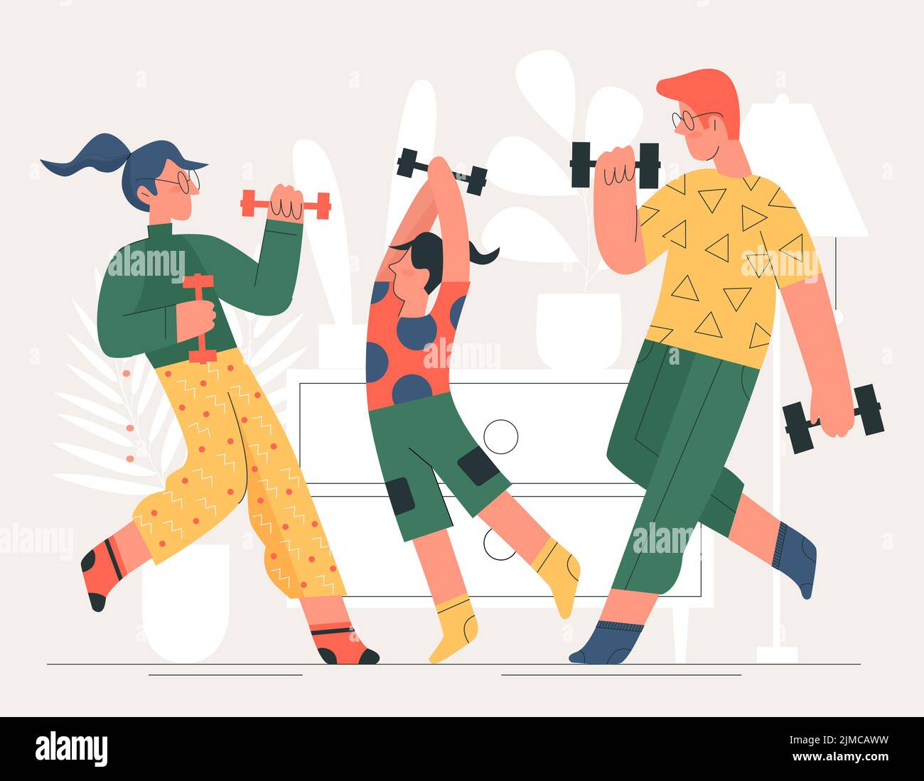 Active sport exercises and physical workout of family. Cartoon ...
