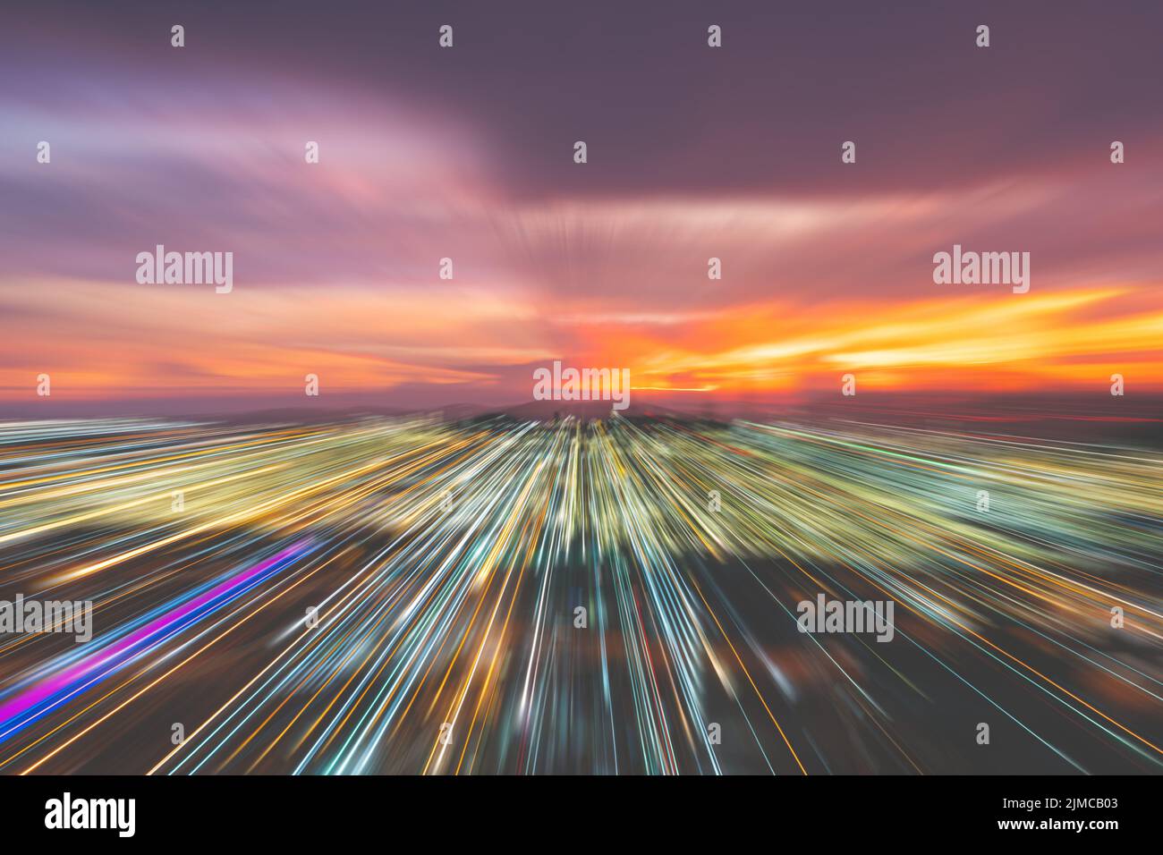 Smooth Running focus to coastal city on colorful cloudy sky background ...