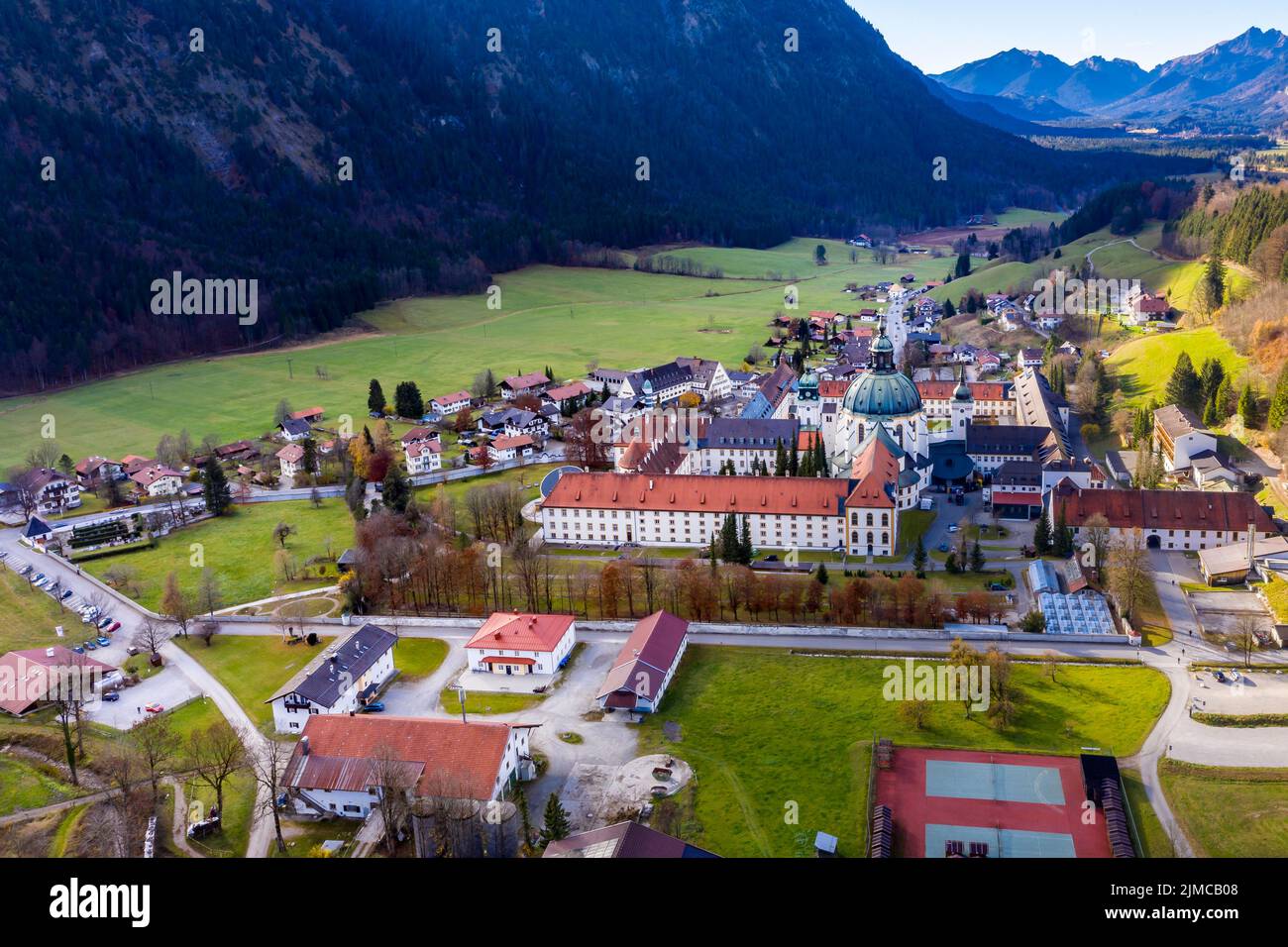 Aerial view, Benedictine abbey Ettal monastery, Ettal, Oberammergau ...