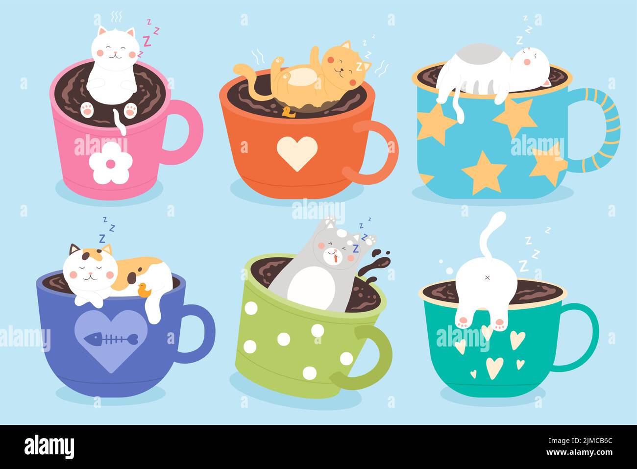 Cute cats relax in coffee or tea cups set vector illustration. Cartoon ...