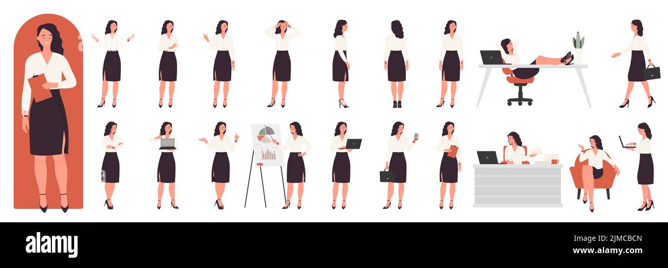 Businesswoman, female office worker set vector illustration. Cartoon ...