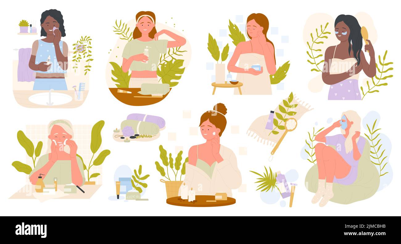 Home spa treatments and facial skin care set vector illustration ...