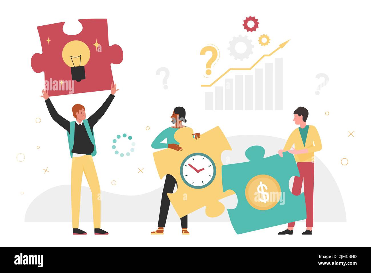 Teamwork and cooperation of initiative group connecting puzzle solutions. Cartoon man holding ...