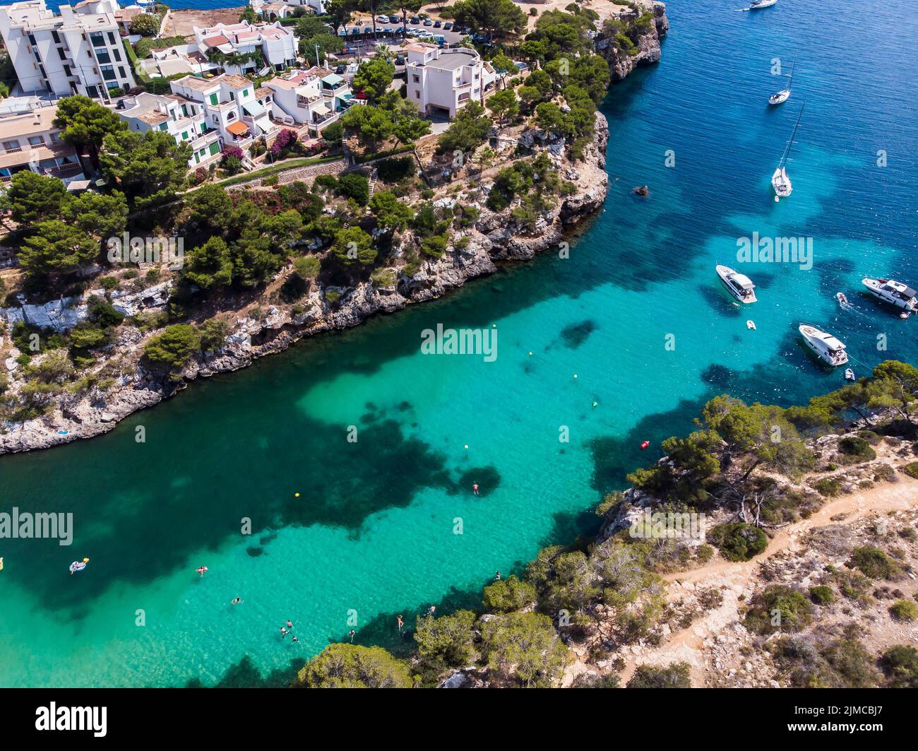 Aerial view, Cala Pi bay, beach and rocky coast, Torre de Cala Pi ...