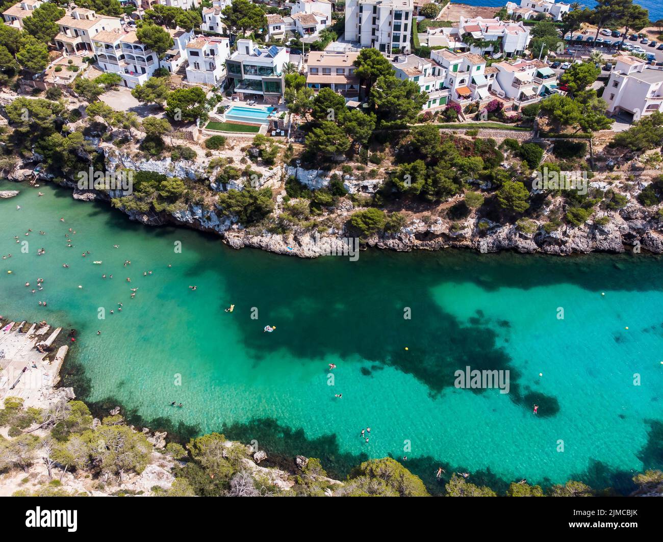 Aerial view, Cala Pi bay, beach and rocky coast, Torre de Cala Pi ...