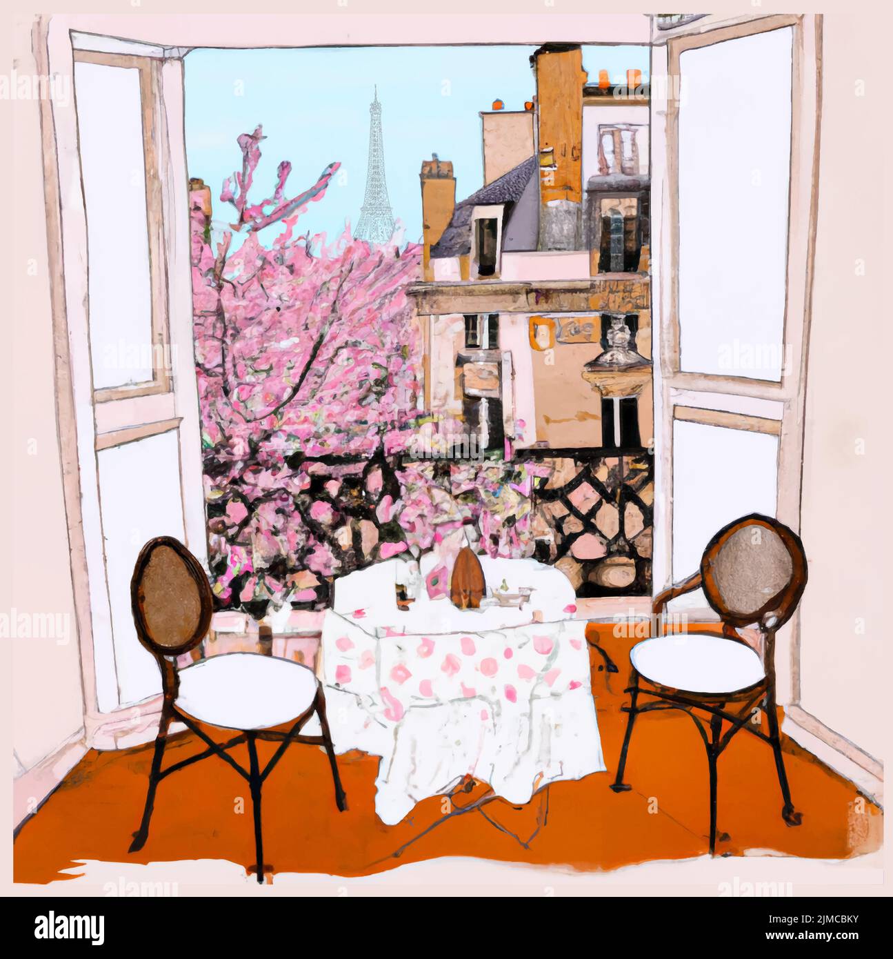 Paris, France window opened on the Eiffel tower in springtime - vector ...