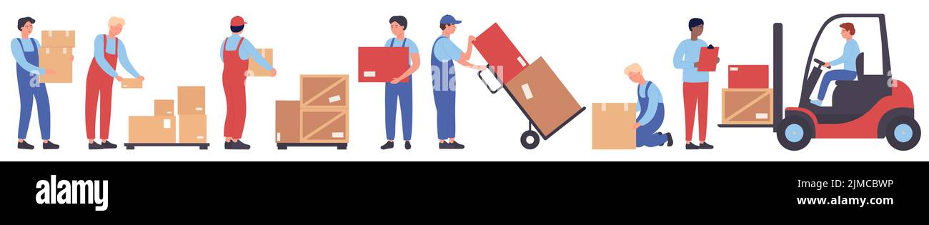 Warehouse workers set vector illustration. Cartoon man driving forklift ...