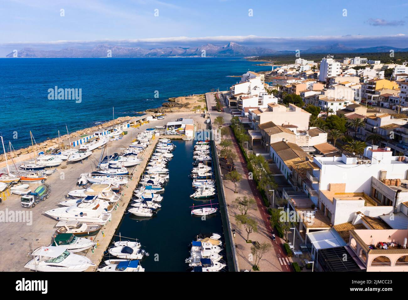 Aerial views, Can Picafort, bay and harbor, Mallorca, Balearic Islands ...