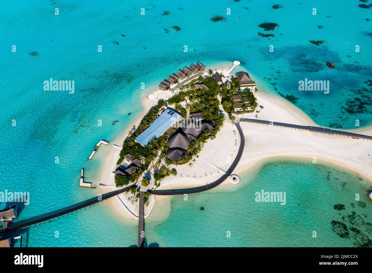 Aerial view, Lagoon of the Maldives island Maadhoo, South Male Atoll ...