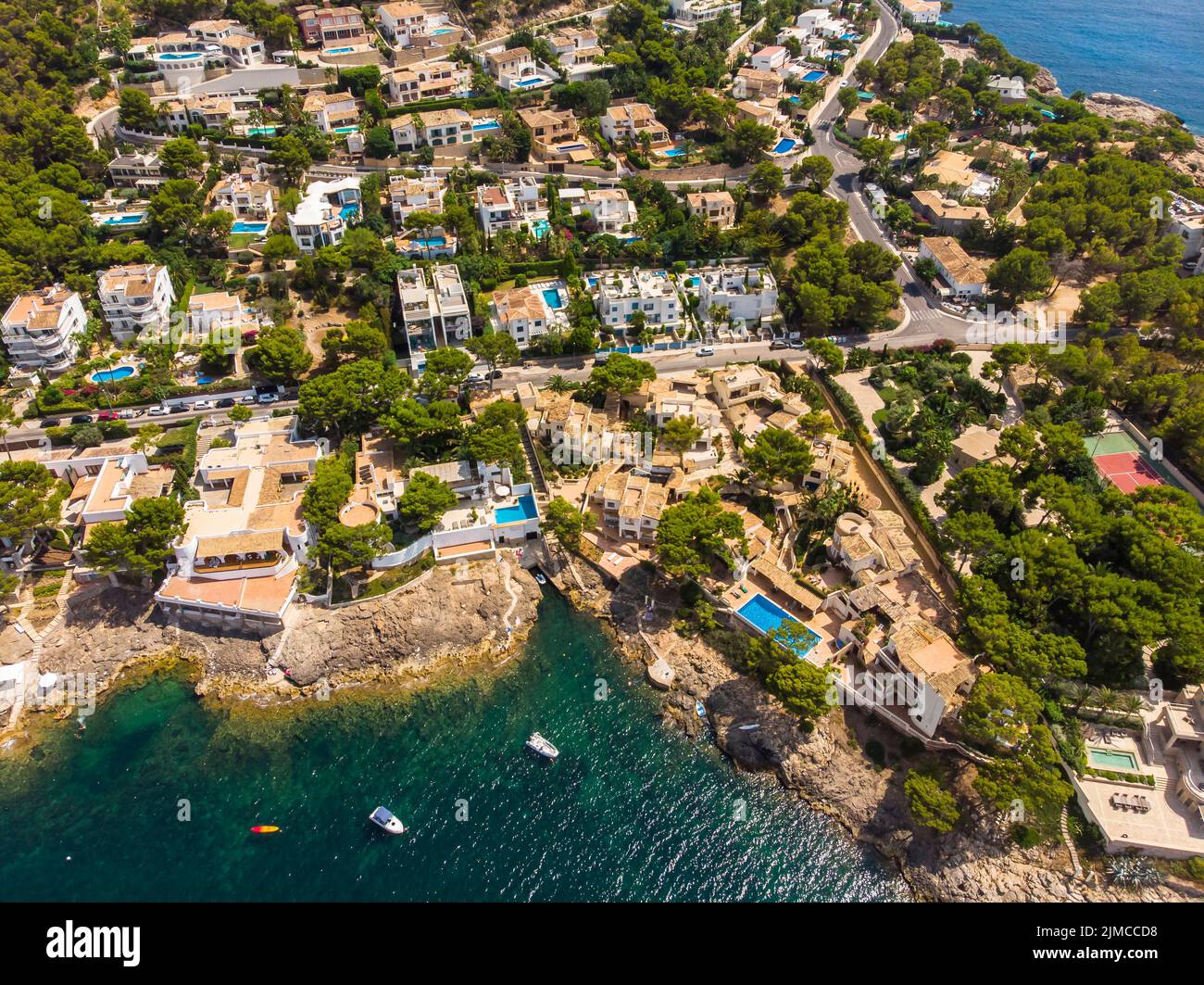Aerial view, coast and natural harbor with lighthouse, Port d'Andratx ...