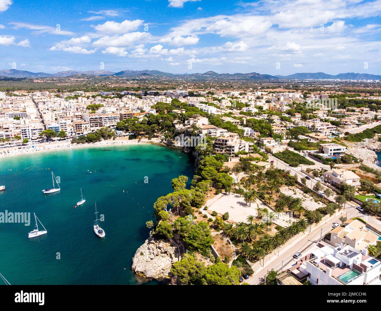 Aerial view, Porto Cristo, coast with villas and natural harbor ...