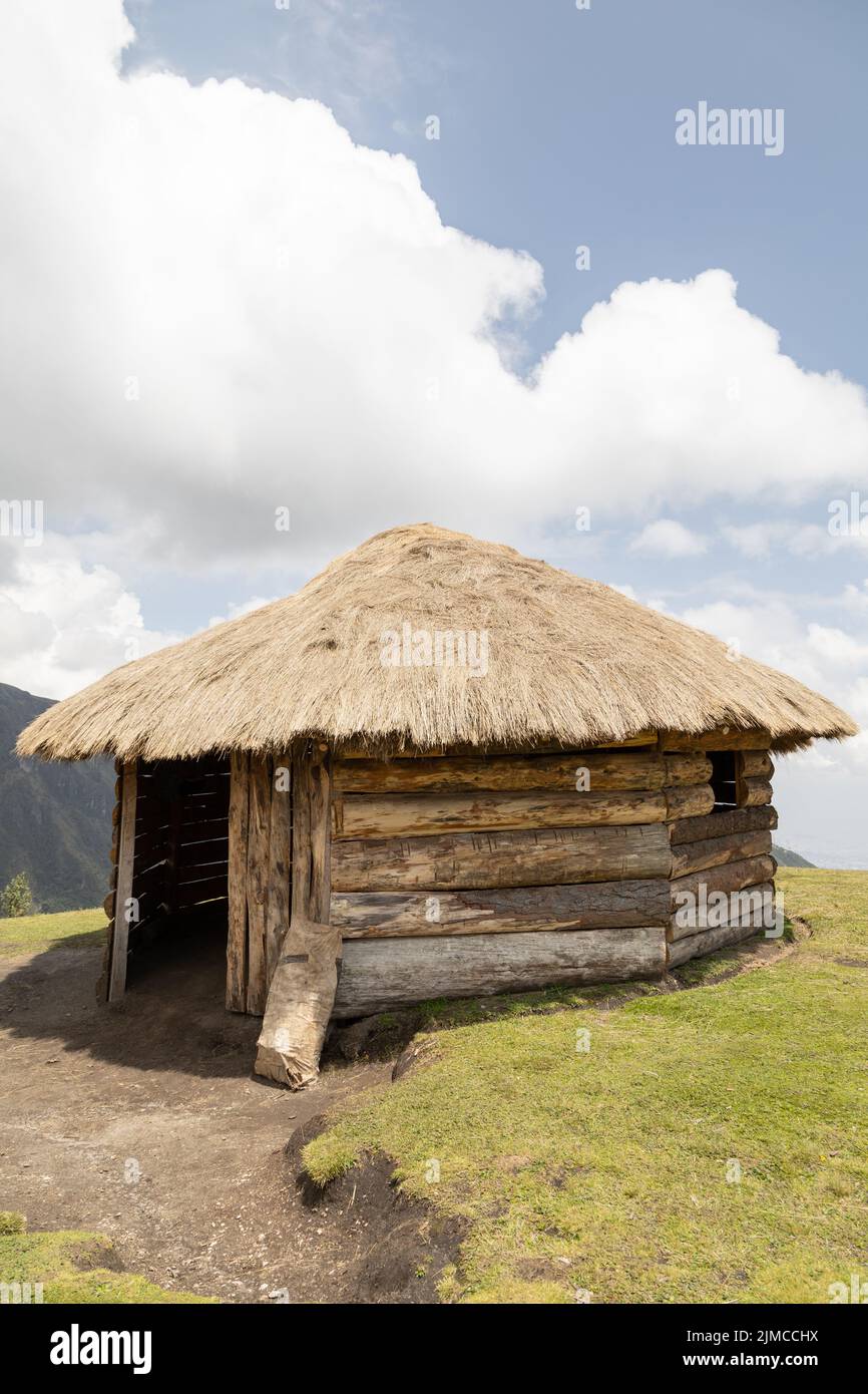 small rustic style hut with thatched roof and wooden structure ...