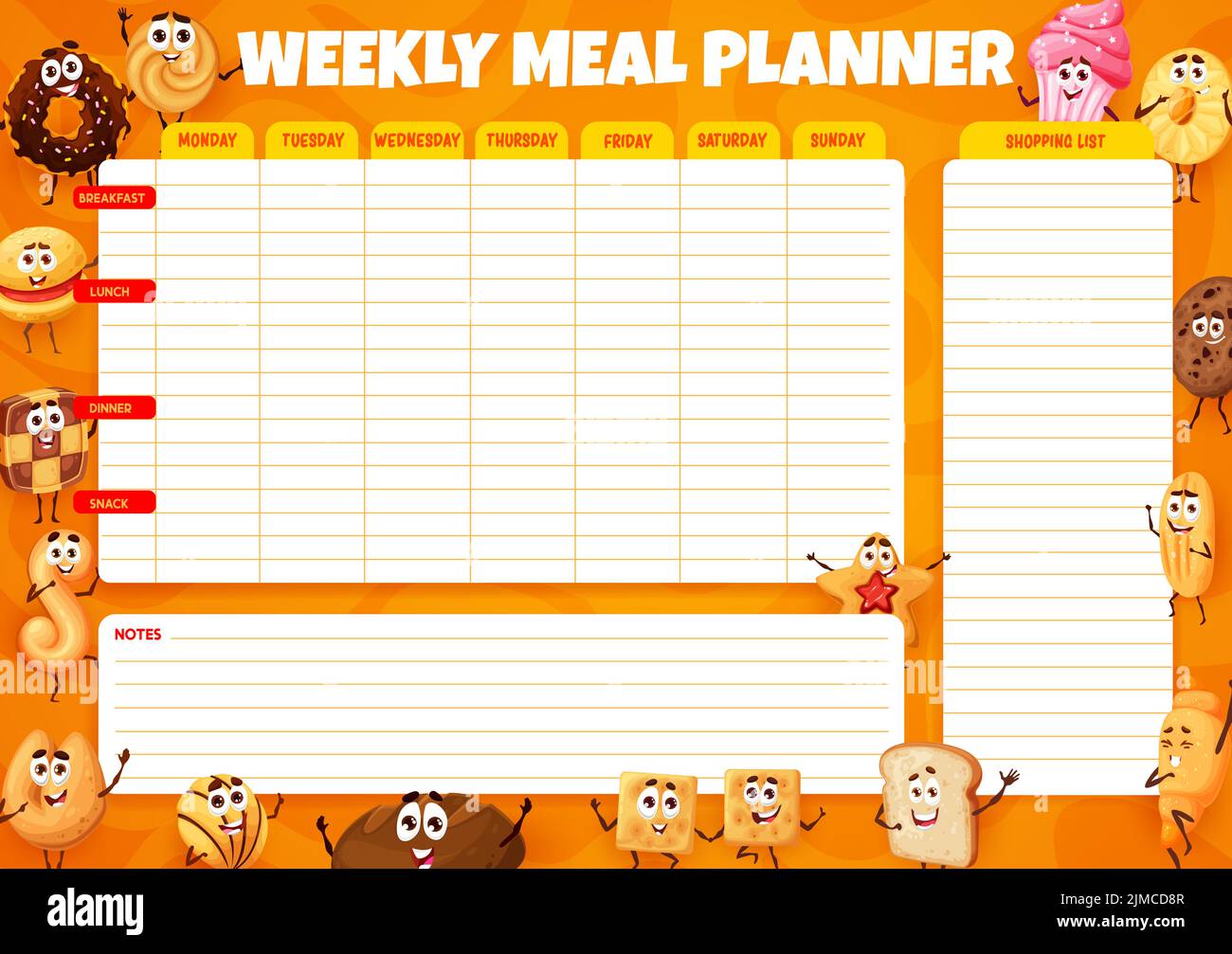 Weekly meal planner. Cartoon bakery, pastry, cakes and cookies ...