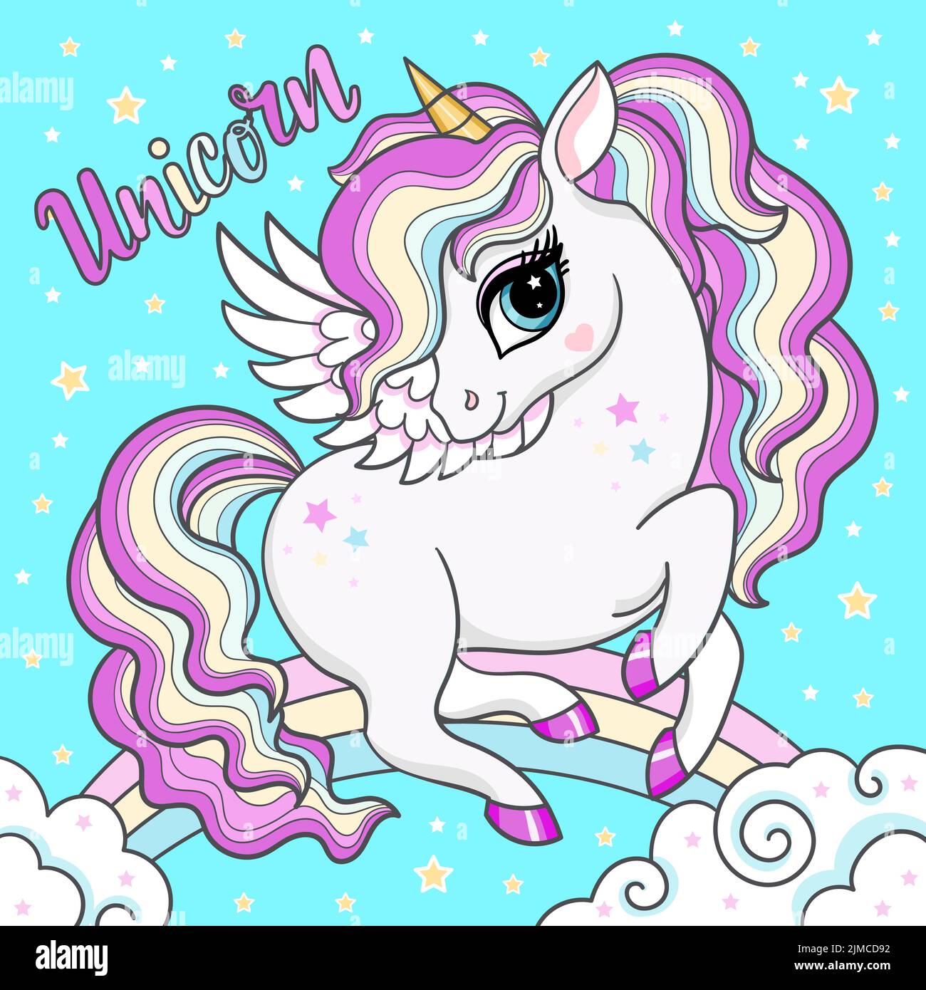 A beautiful, cute unicorn in the sky on a rainbow. Fantasy animal. For ...