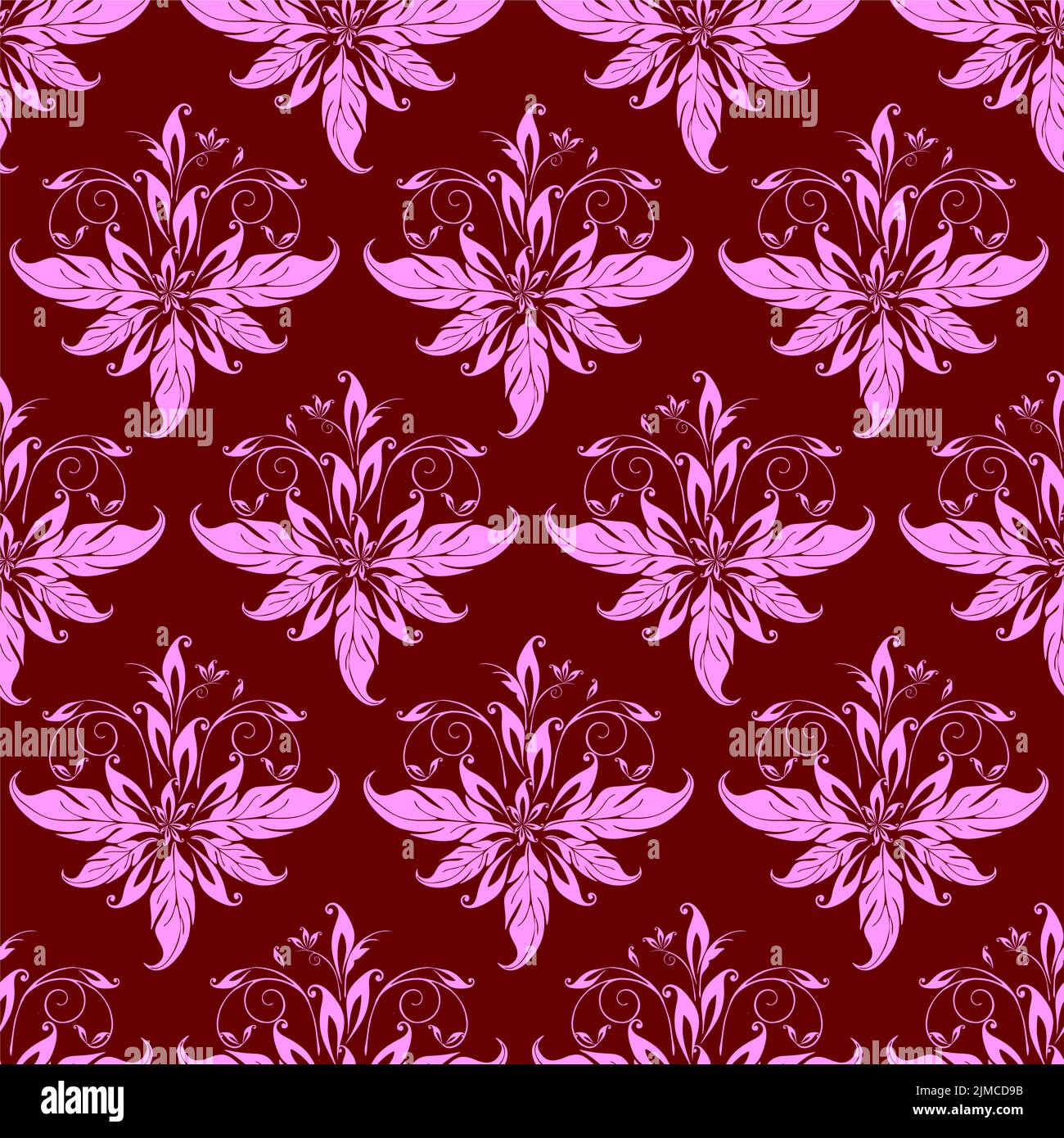 seamless graphic pink pattern on burgundy background, floral ornament ...