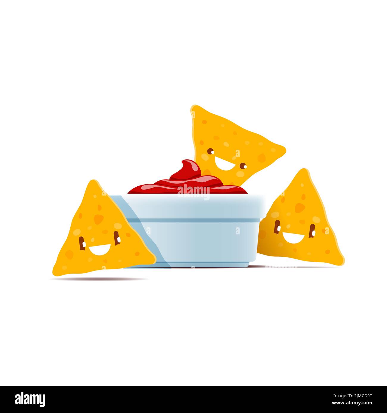 Cartoon mexican nachos chips characters and ketchup sauce in bowl ...
