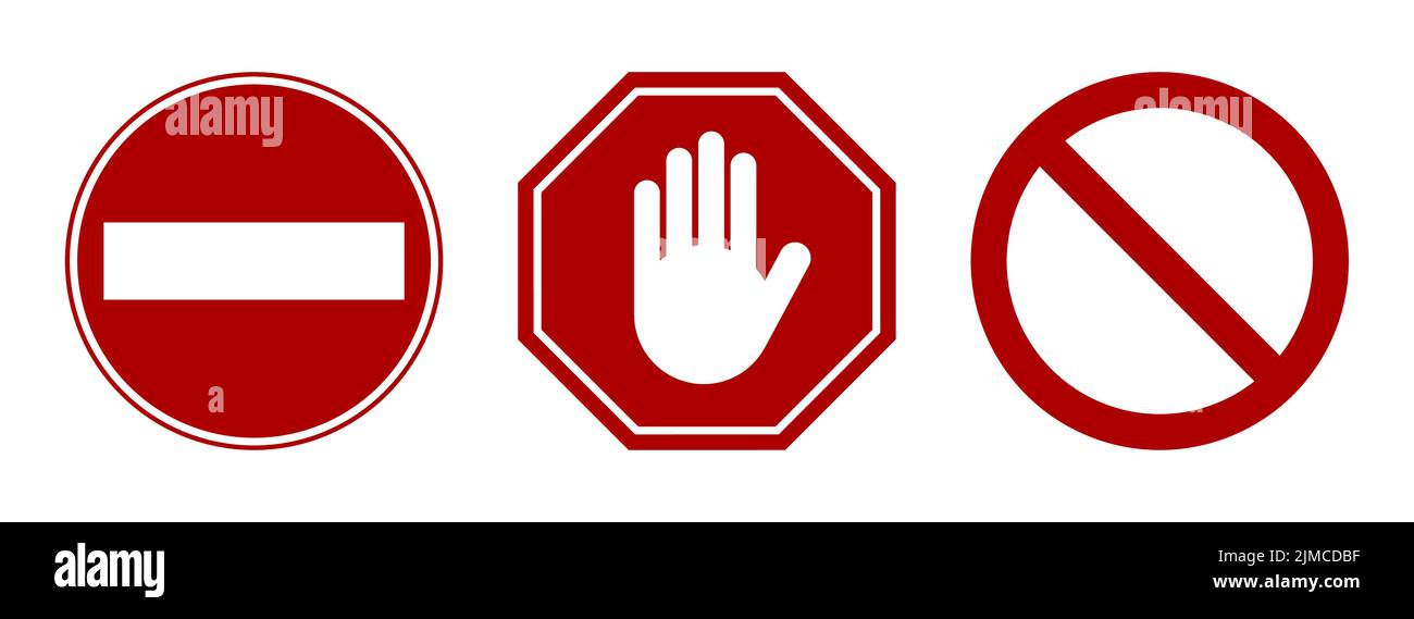 Icon Set of Red Stop Sign and Stop Hand Adblock Octagonal Symbol ...