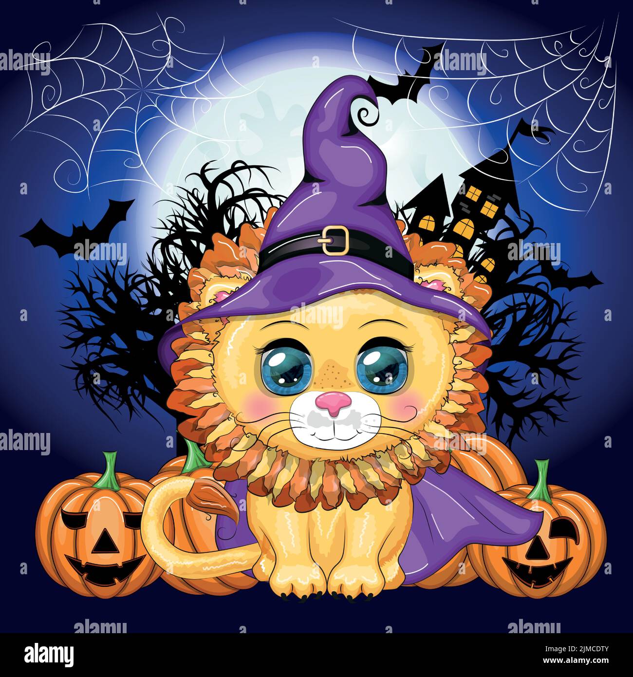 Cute cartoon leo with beautiful eyes, orange in a purple witch's hat ...