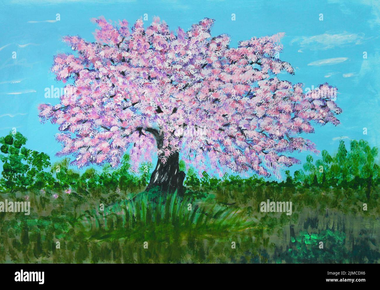 Oil painting on canvas of lone pink sakura cherry tree in bloom in ...