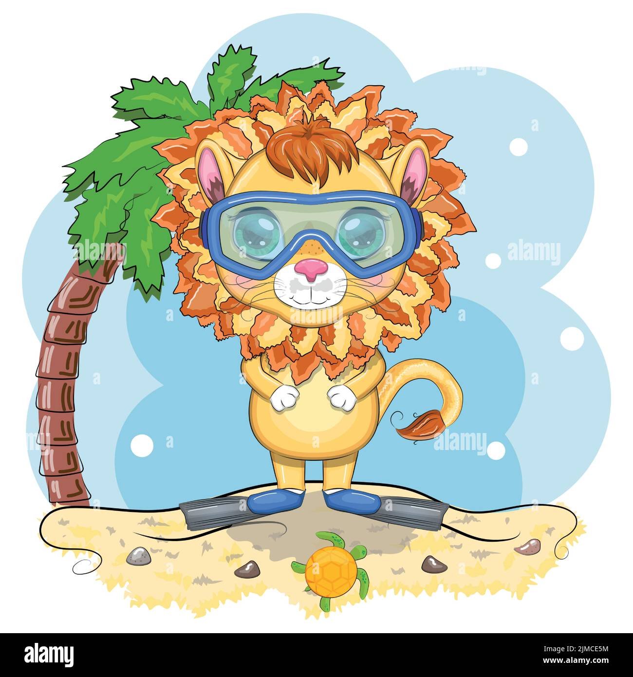Cartoon lion in flippers, swimming circle, hat, glasses. Character with ...
