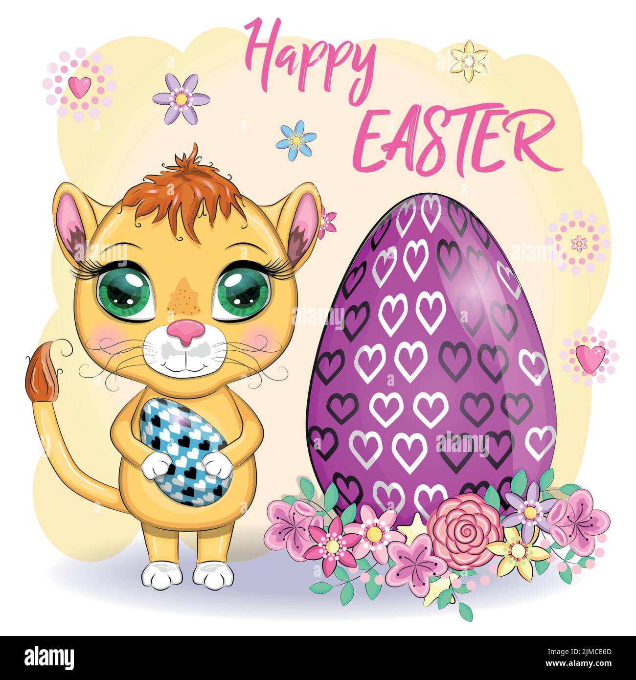 Cartoon lion with Easter egg. Character with beautiful eyes, childish ...