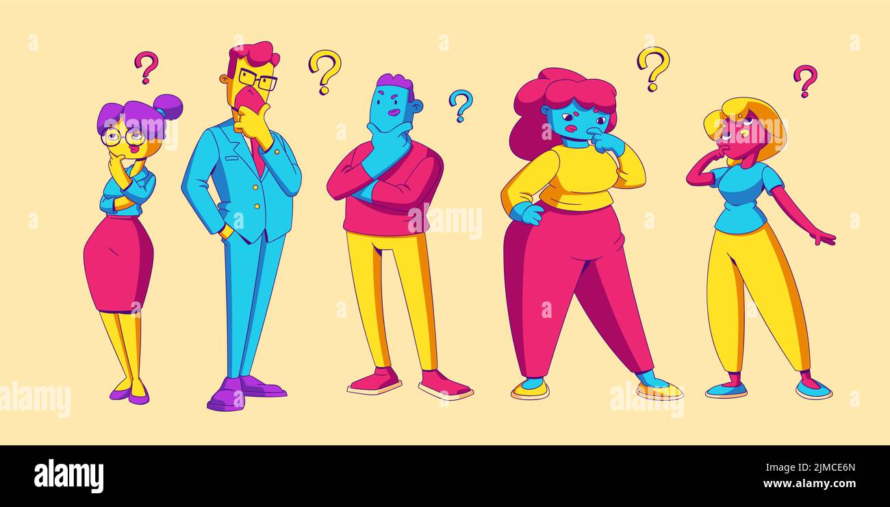 Thoughtful persons with questions, doubtful people think, solve task ...