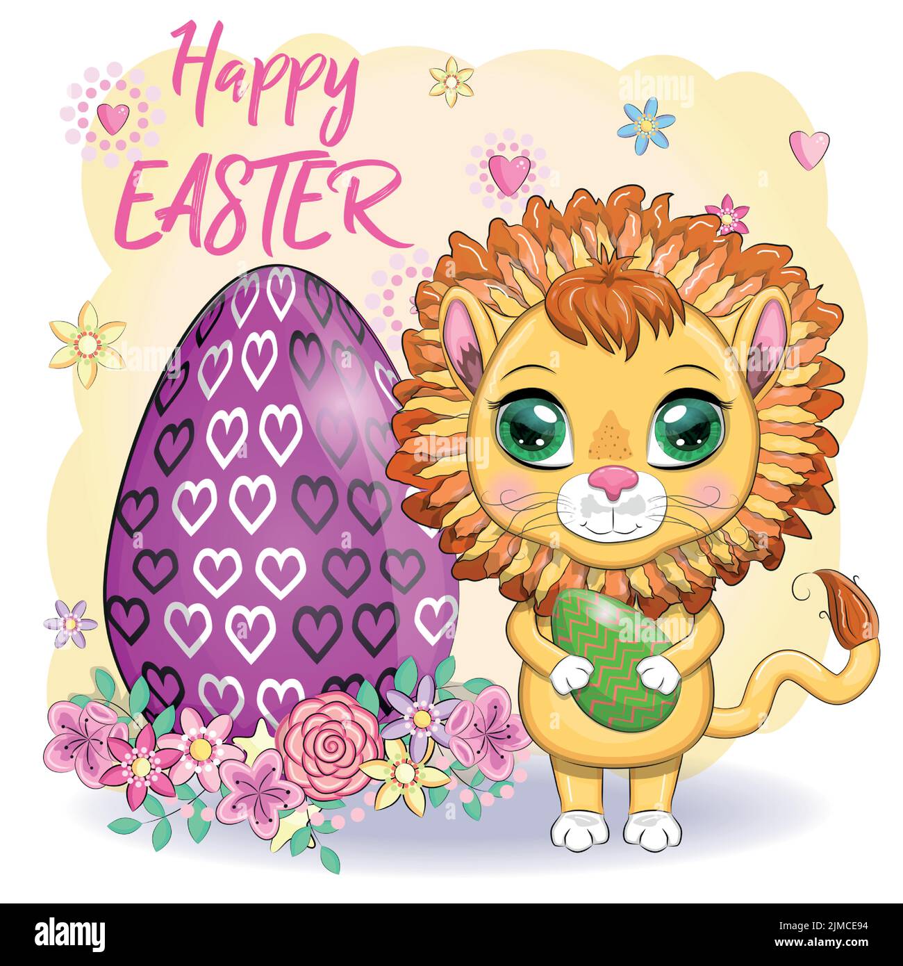 Cartoon lion with Easter egg. Character with beautiful eyes, childish ...