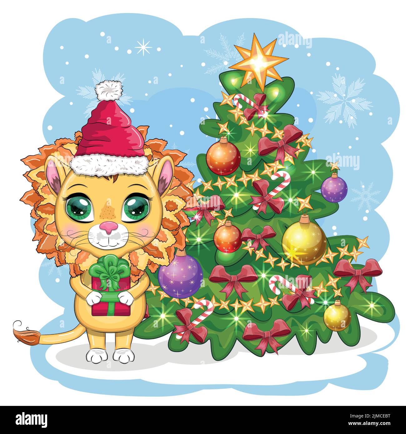 Cartoon lion in winter clothes near the Christmas tree. New Year's and ...