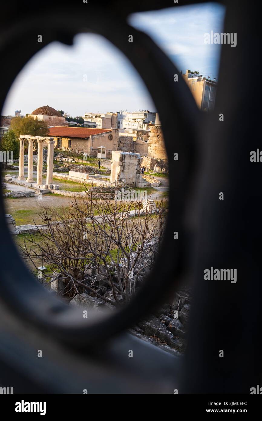 View via gate of Roman forum, Agora of Athens, Greece Stock Photo - Alamy