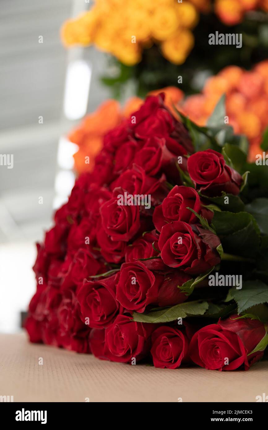 details of red rose petals, natural as decoration on a table, beautiful ...