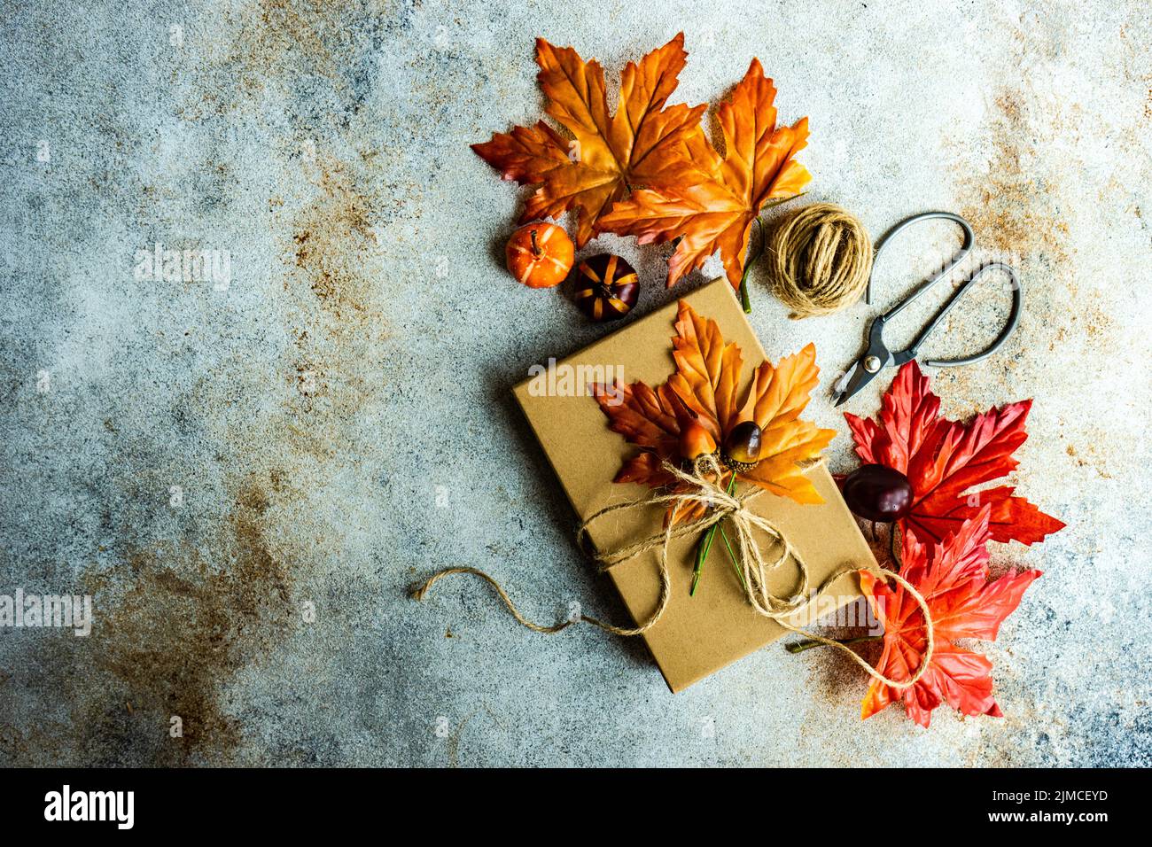Autumnal gift box wrapping concept for Thanksgiving holiday on the ...