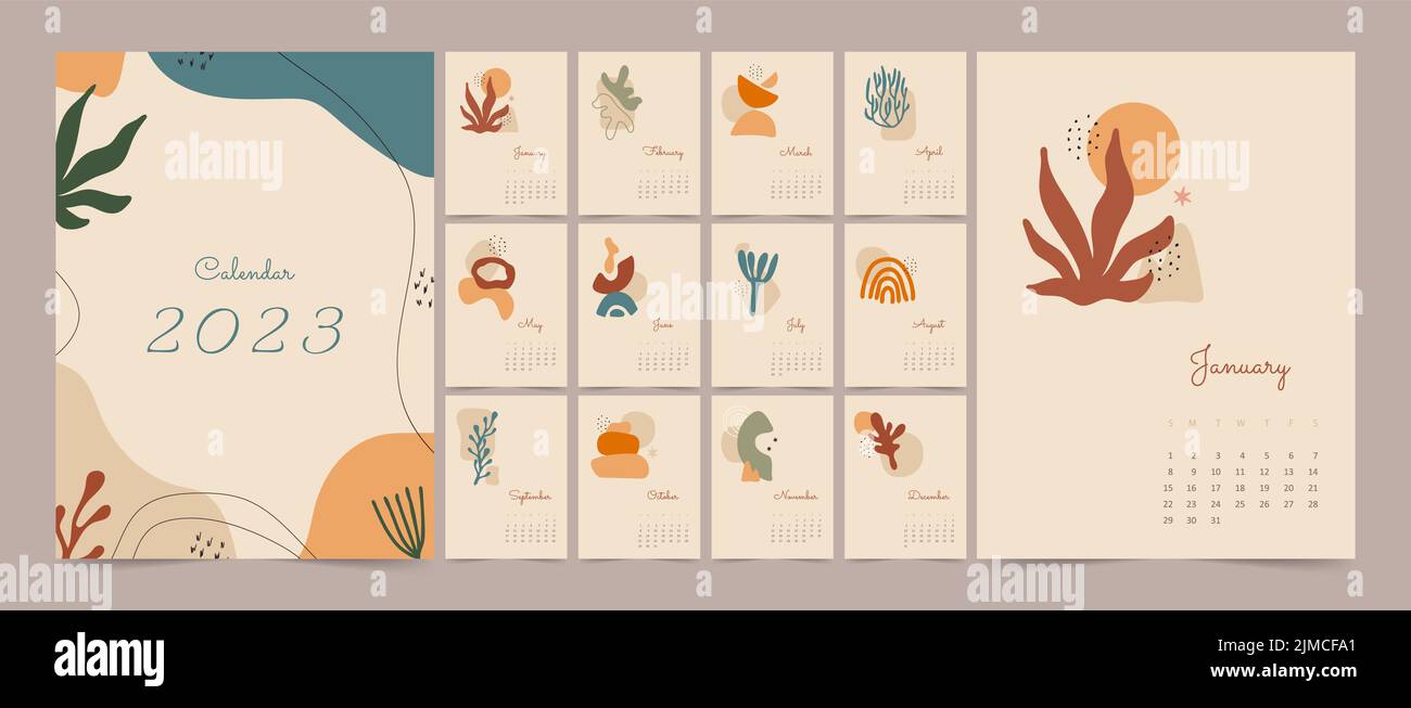 Calendar 2023 with abstract shapes. Week starting on sunday. Minimalist ...
