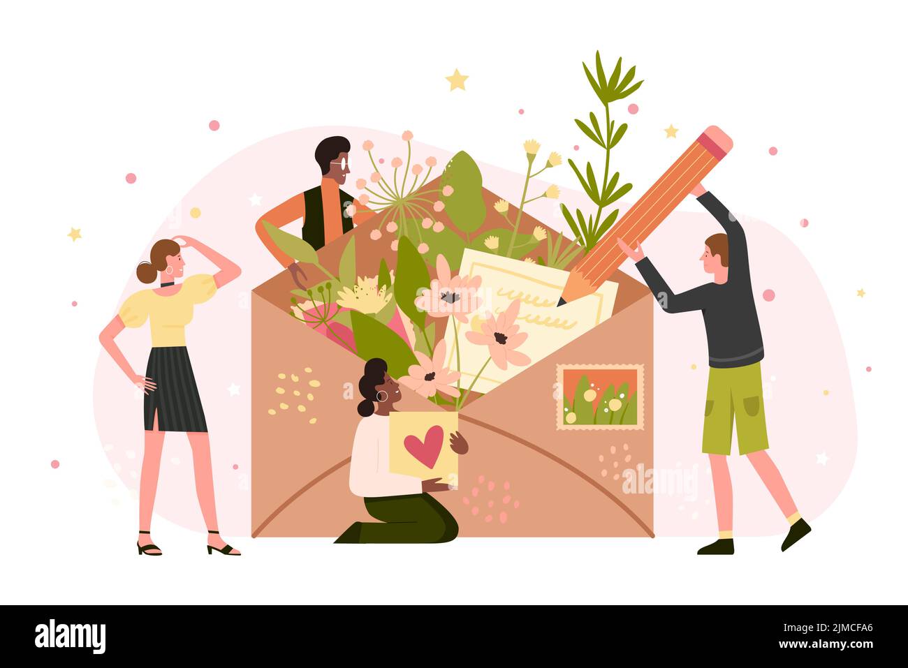 Invitation, postcard or holiday greeting card with tiny people. Cartoon ...