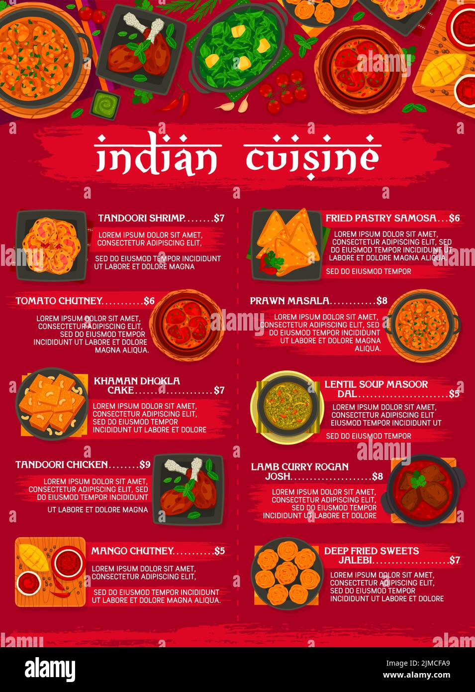 Indian cuisine menu schedule, vector lentil soup masoor dal, fried ...