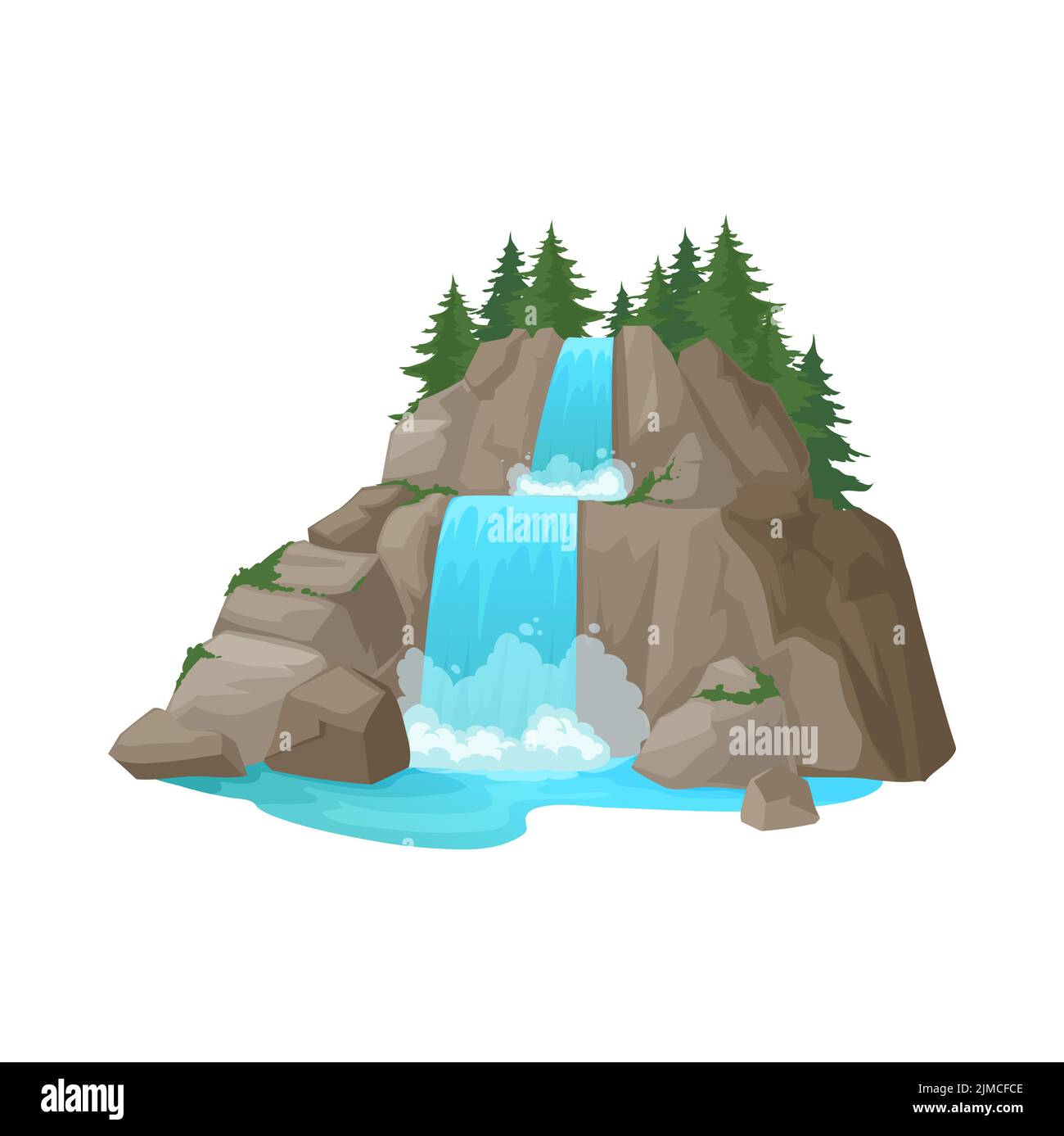 River waterfall falls from cliff with pine trees on top isolated water ...