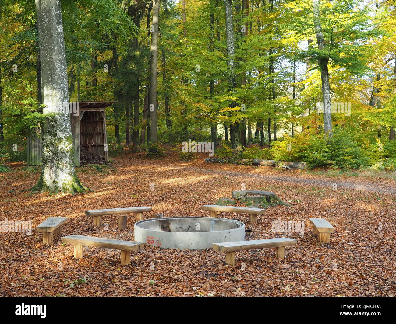 Barbecue area with a fireplace and benches Stock Photo - Alamy