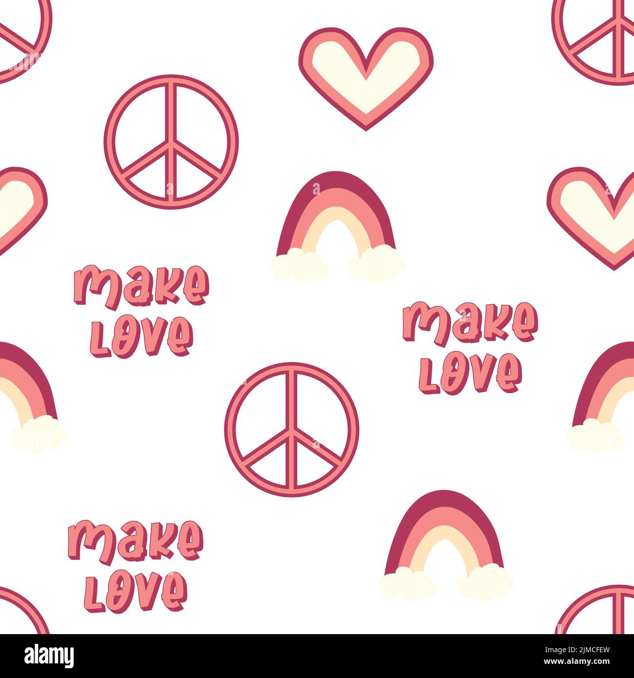 Love heart, peace symbol, rainbow retro 70s seamless pattern. Scattered ...
