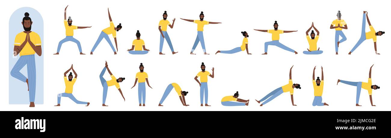 African american black male yoga trainer poses in front, side and back ...