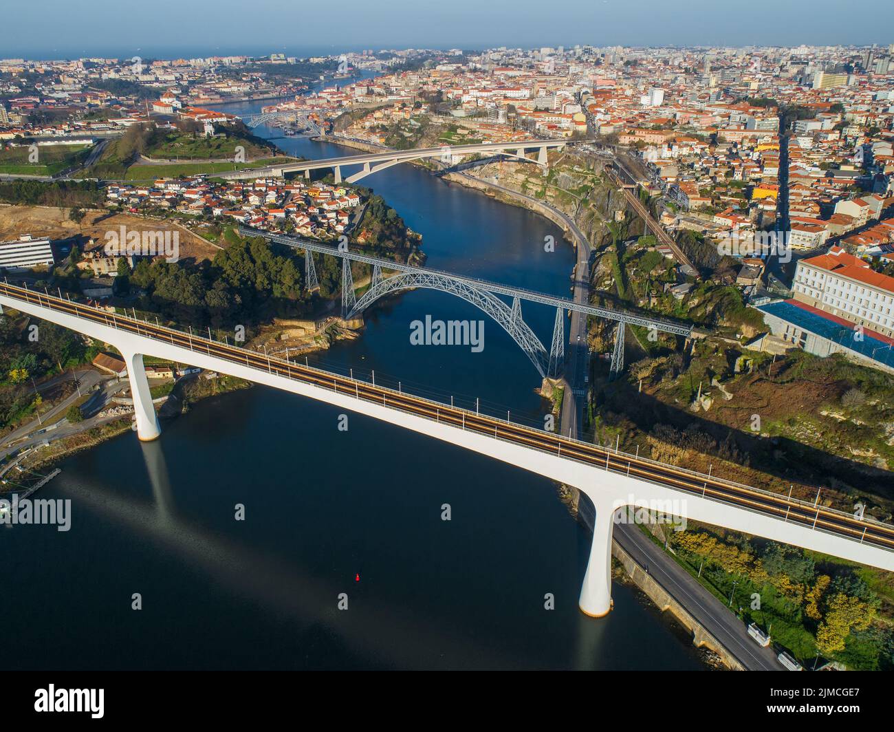 Aerial of bridges and Douro river in Porto Stock Photo - Alamy