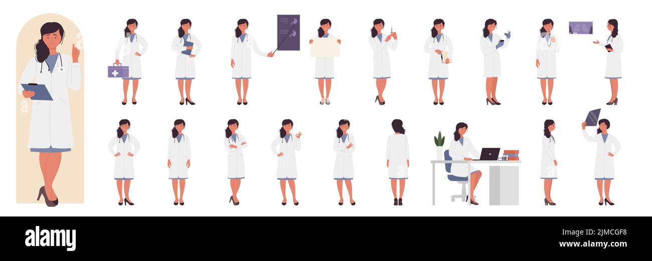 Doctor poses set vector illustration. Cartoon young woman working at ...